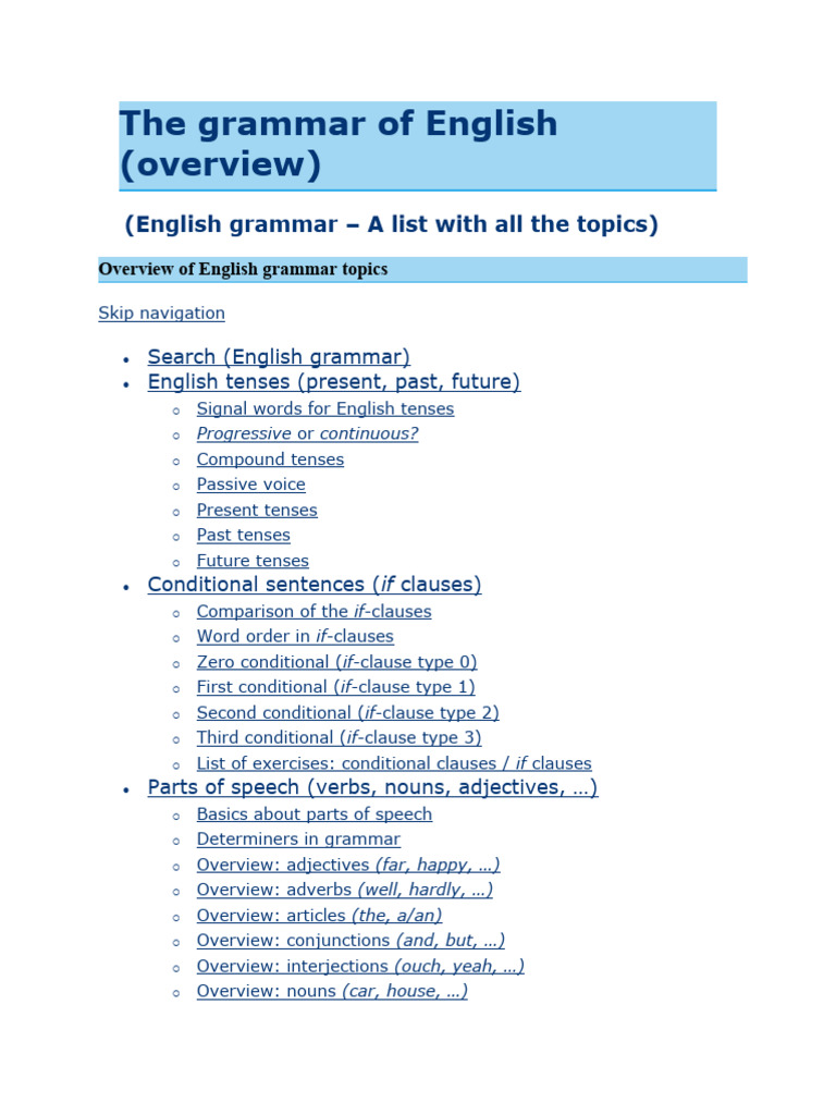 Comprehensive English Grammar Overview | PDF | English Grammar | Part ...