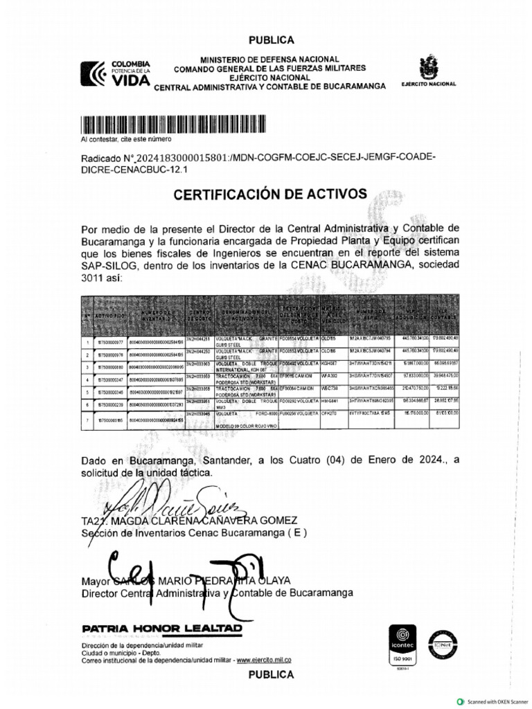 Rad2024183000015801 Certificado Activos BICAL-2023 | PDF