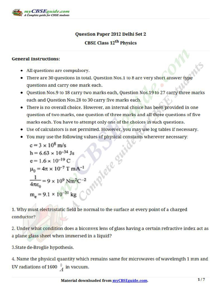 12 Physics Lyp 2012 Delhi Set 2 | PDF