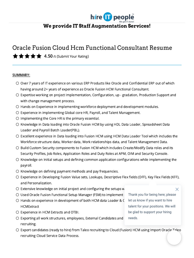 Oracle Fusion Cloud HCM Functional Consultant Resume - Hire IT People ...