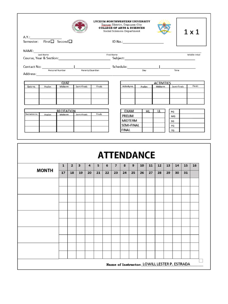 TEMPLATE Class Card With Attendance (AutoRecovered) | PDF