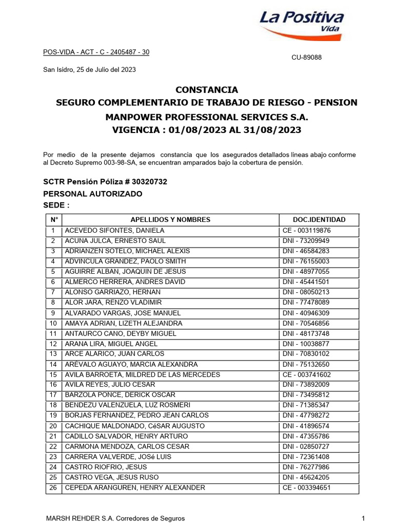 Constancia SCTR Pensión Agosto 2023 | PDF