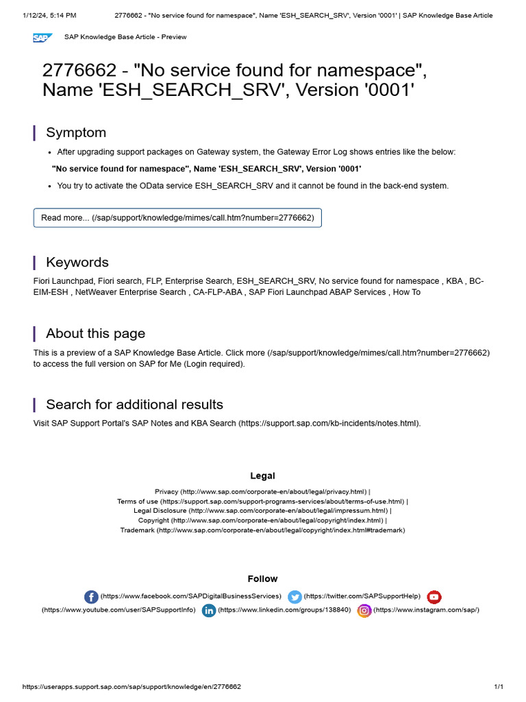 No Service Found For Namespacename - ESH - SEARCH - SRV - Version | PDF