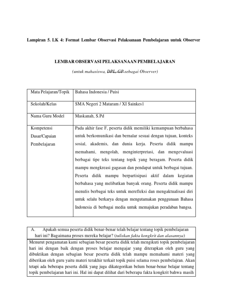 01.05.6-B3-6 Unggah LK 4 - Lembar Observasi Pembelajaran Pada Pembelajaran Ke-2 | PDF