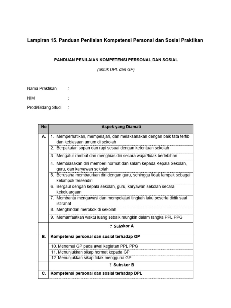 Lampiran 15. Panduan Penilaian Kompetensi Personal Dan Sosial Praktikan ... Lampiran 15. Panduan Penilaian Kompetensi Personal Dan Sosial Praktikan ...