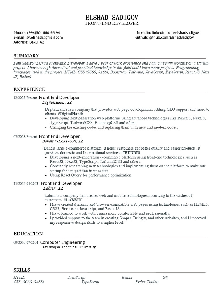 Elshad Sadigov (CV) | PDF | Bootstrap (Front End Framework) | Software