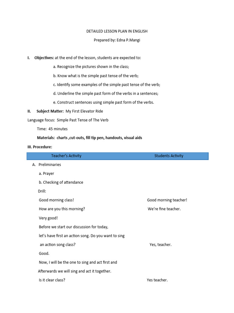 Edna DETAILED LESSON PLAN IN ENGLISH | PDF | Grammatical Tense | Question