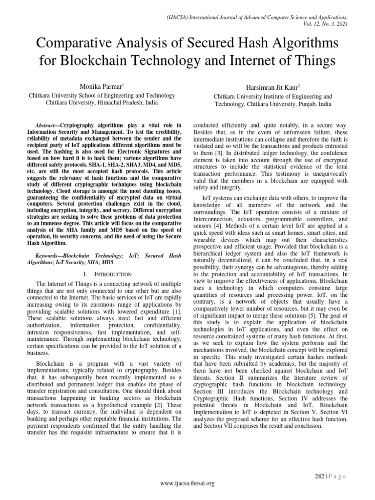 Comparative Analysis of Secured Hash Algorithms For Blockchain Technology and Internet of Things ...
