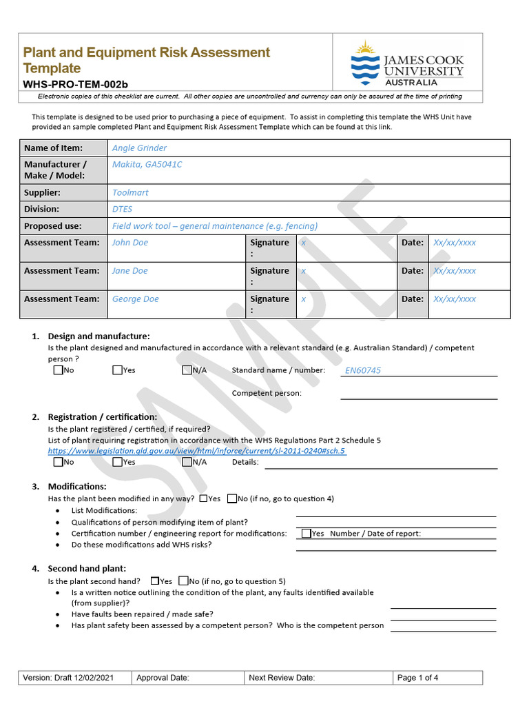 WHS PRO TEM 002b Plant and Equipment Risk Assessment Example | PDF | Safety