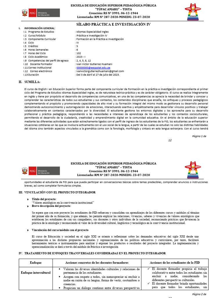 sílabo de practica e investigación IV - Especialidad Ingles IV | PDF | Evaluación | Aprendizaje