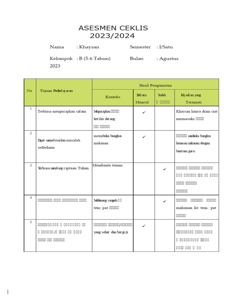 Penilaian Ceklis Paud | PDF