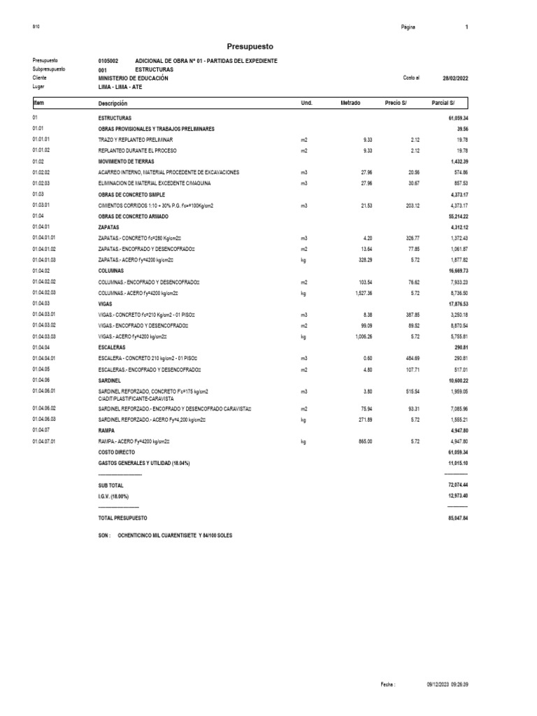 Presupuesto Adicional de Obra N° 01 | PDF | Construyendo tecnología | Diseño ambiental