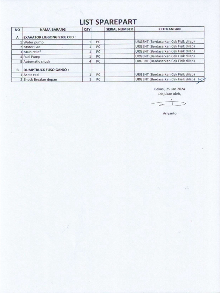 Contoh Pengajuan Sparepart | PDF