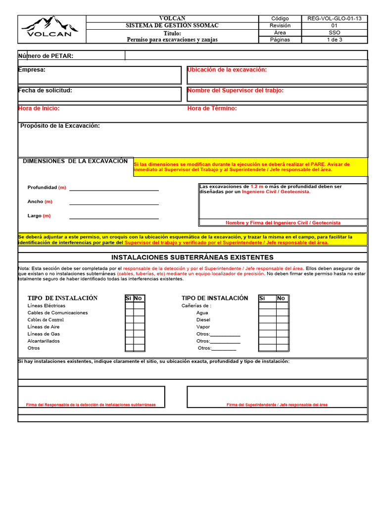 REG-VOL-GLO-01-13 Permiso para Excavaciones (Revisado) | PDF
