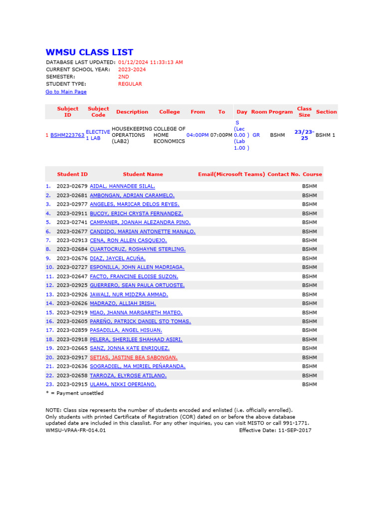 Wmsu Class List Elec 1 - Sat Class BSHM 1 Lab | PDF