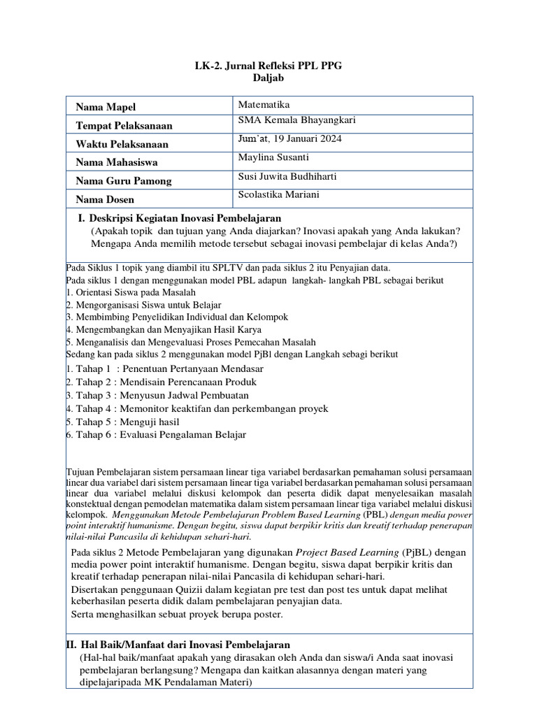 LK.2 Jurnal Refleksi PPL PPG Daljab Gabungan Sikl 1 Dan 2 | PDF