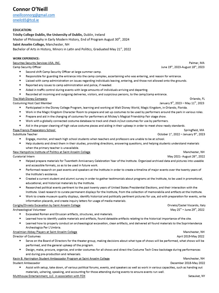 Connor O'Neill's Professional Resume | PDF