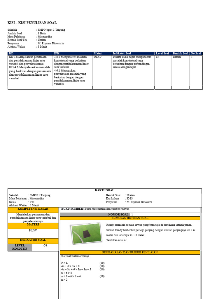 Kisi - Kisi Instrumen Dan Rubrik Penilaian Ukin-1 | PDF