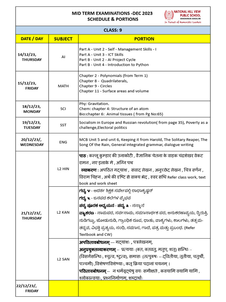 Mid Term Examinations - Dec 2023 - Schedule & Portions (CL 1 - 10) - CL 9 | PDF