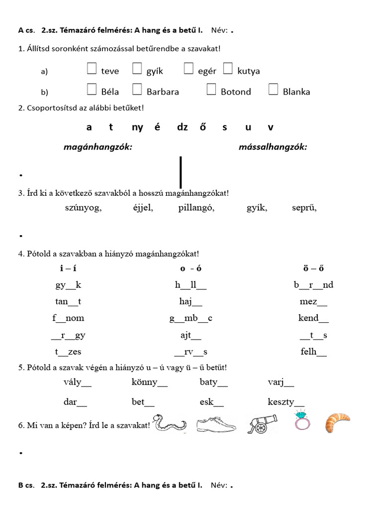 Nyelvtan Témazáró Felmérés - Hang És Betű I. Rész - Magánhangzók A.B.Diff - Csoport | PDF