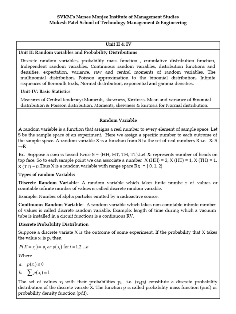 Unit 2 & 4 final | PDF | Probability Distribution | Random Variable Unit 2 & 4 final | PDF | Probability Distribution | Random Variable