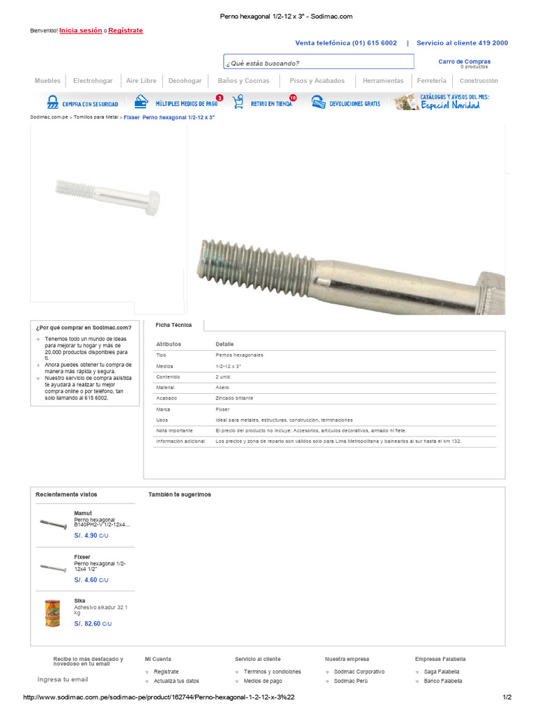 Perno Hexagonal 1 - 2-12 X 3 - Sodimac | Descargar gratis PDF | Tornillo