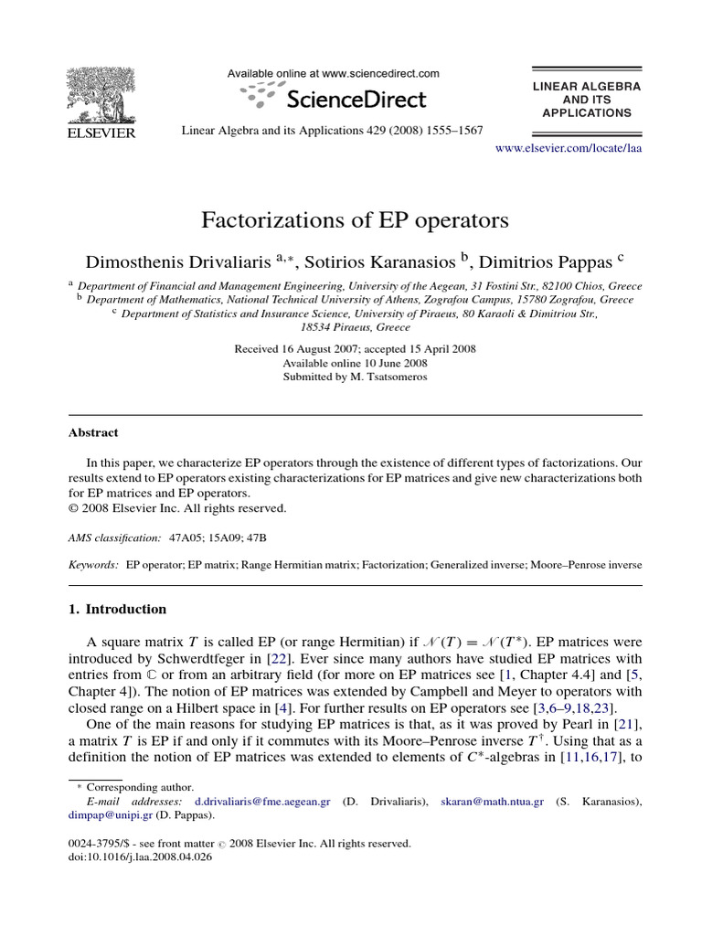 Factorizations of EP Operators: Dimosthenis Drivaliaris, Sotirios Karanasios, Dimitrios Pappas ...