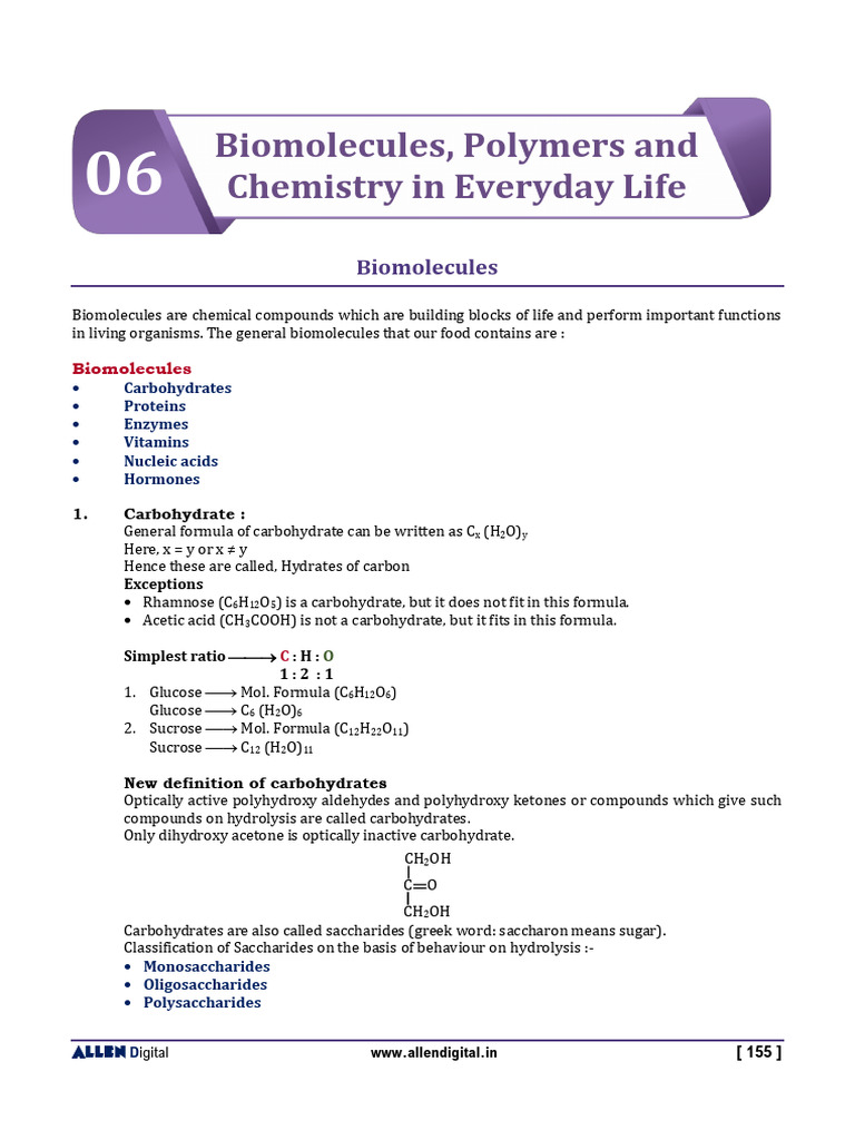 Biomolecules and Polymers ALLEN | PDF | Carbohydrates | Amino Acid