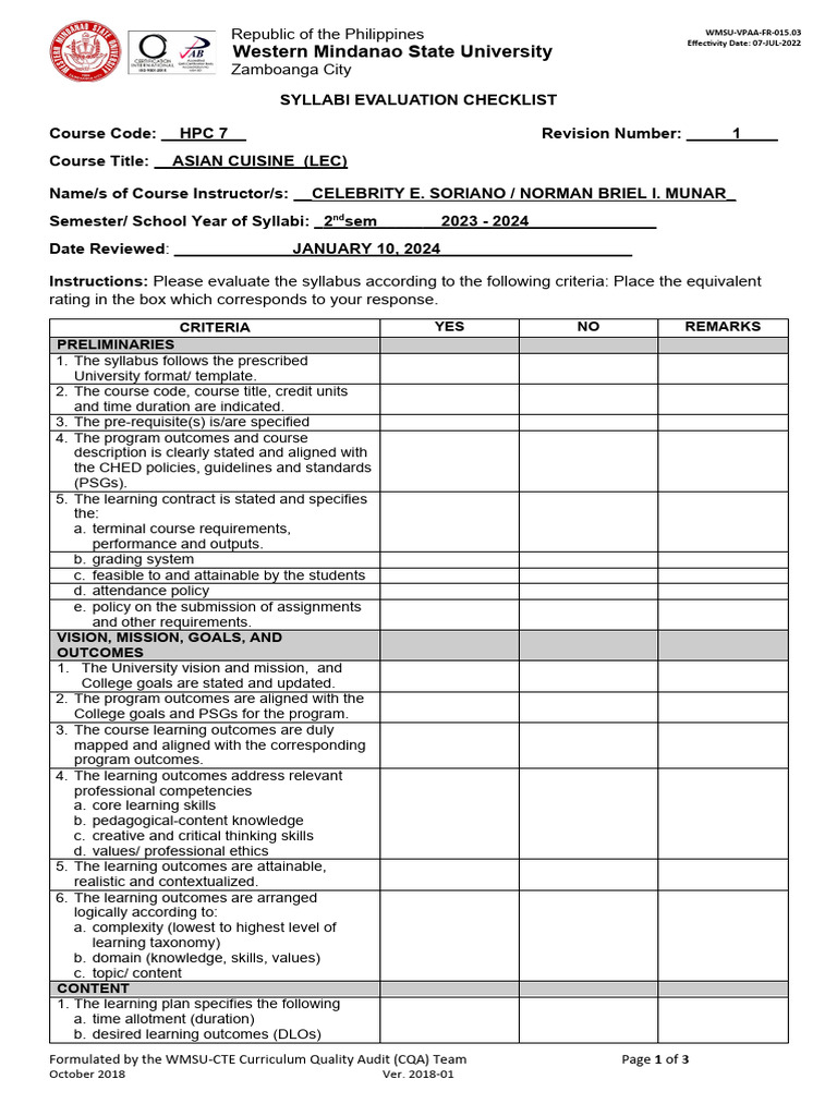 Asian Cuisine (Lec) Syllabi - Checklist | PDF | Learning | Educational ...