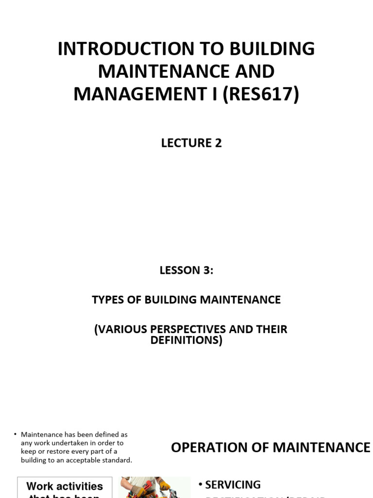 LESSON 3 INTRODUCTION TO BUILDING MAINTENANCE MANAGEMENT TYPES | PDF | Systems Theory | Business
