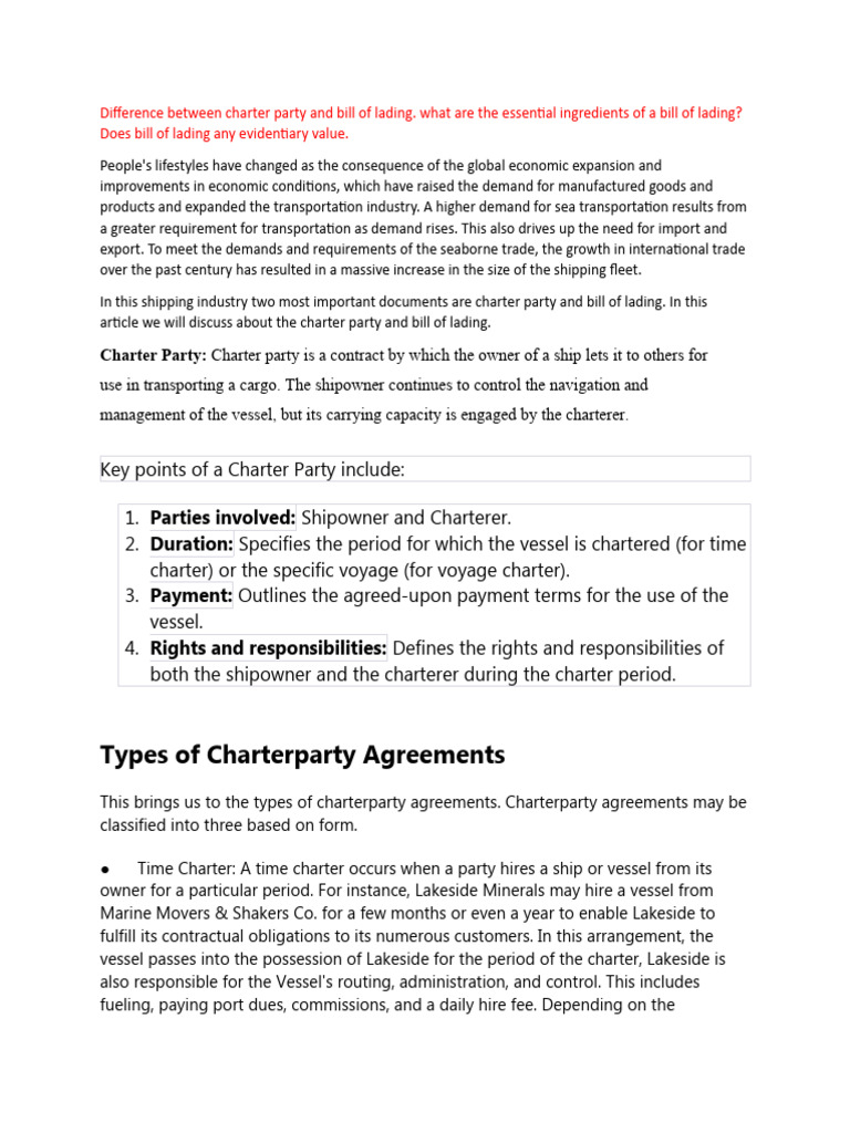Charter Party vs. Bill of Lading Explained | PDF | Bill Of Lading | Cargo