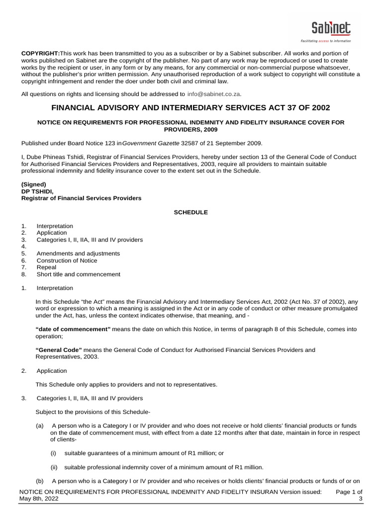Notice On Requirements For Professional Indemnity and Fidelity ...
