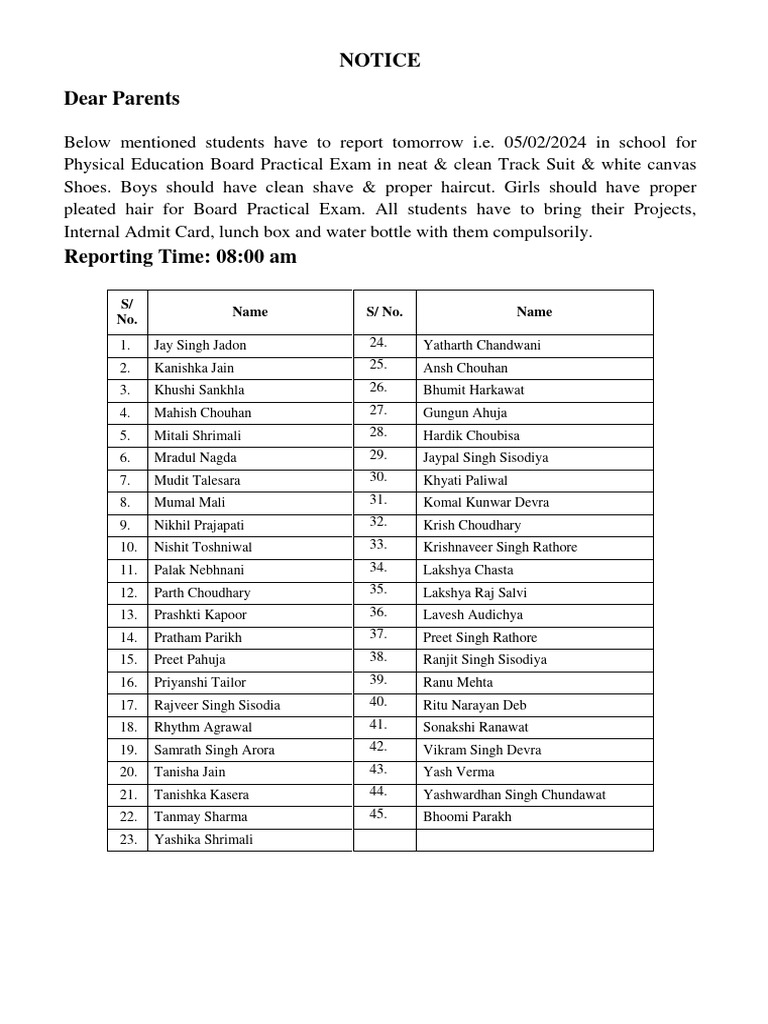 Physical Education Exam Notice for Students | PDF