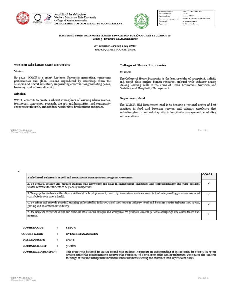 Spec 5 - Events MNGT Lec. | PDF | Learning | Rubric (Academic)