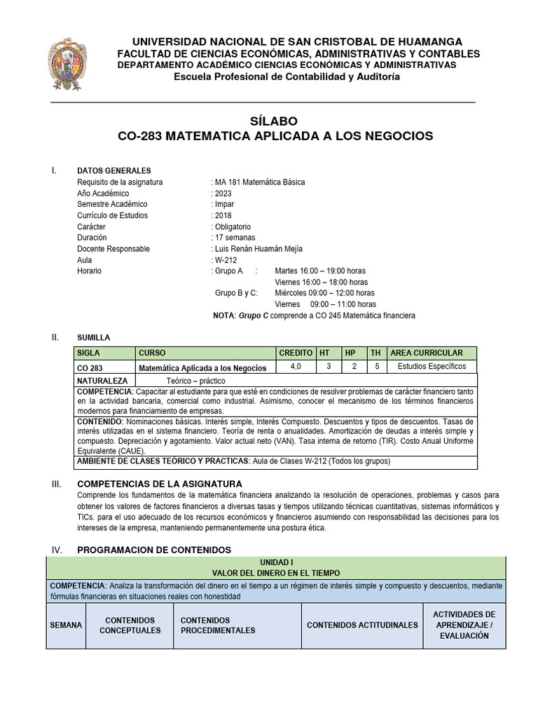 Silabo - CO-283 - Matematica Aplicada A Los Negocios | PDF Silabo - CO-283 - Matematica Aplicada A Los Negocios | PDF