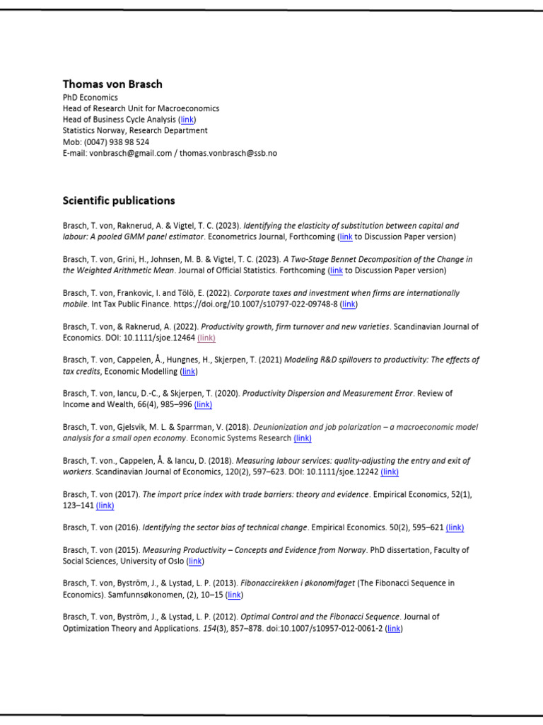Thomas Von Brasch CV - Thomas Brasch 1 | PDF | Economics | Economies