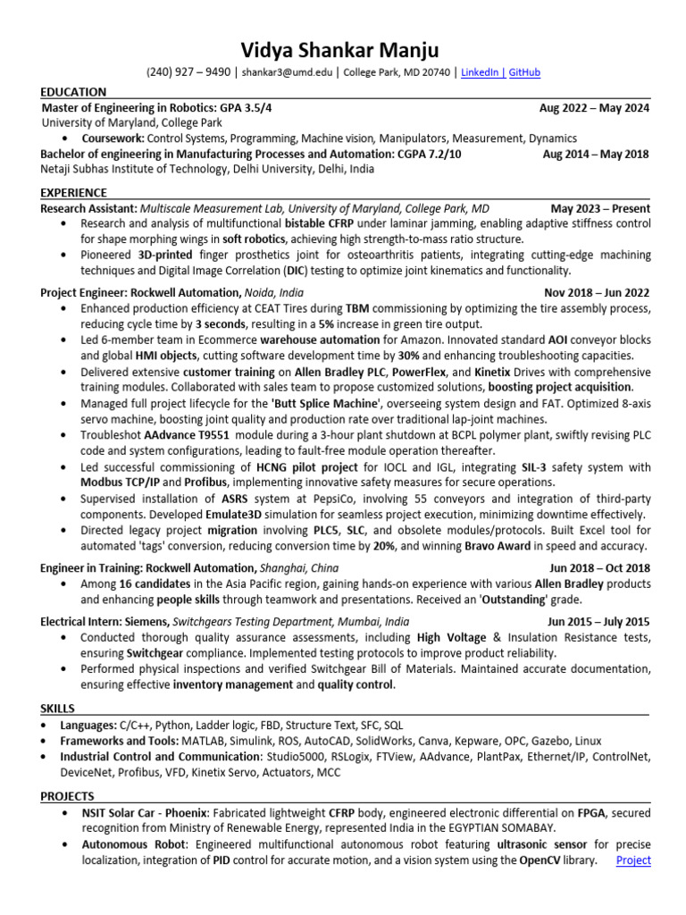 Resume-Vidya Shankar Manju | PDF | Automation | Robotics Resume-Vidya Shankar Manju | PDF | Automation | Robotics
