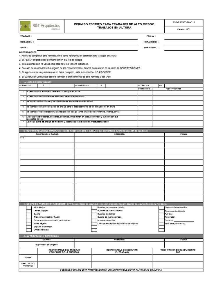 SST-R&T-ForM-016 V001 Permiso de Trabajo en Altura | PDF