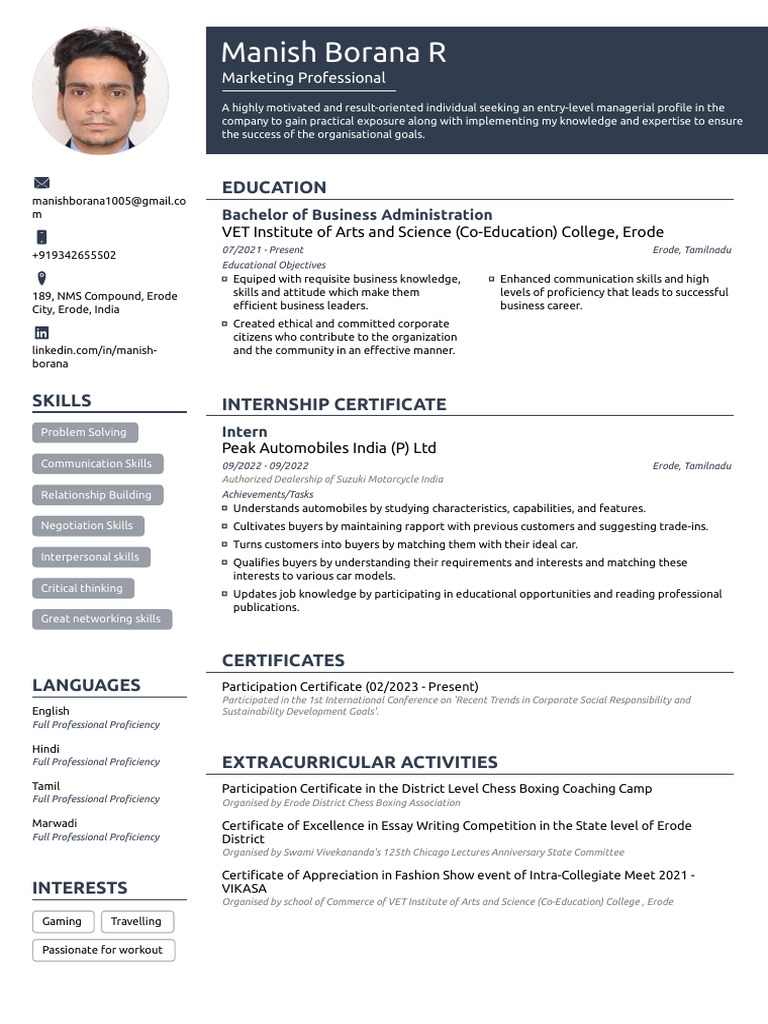 Manish's Resume | PDF | Cognition | Human Communication