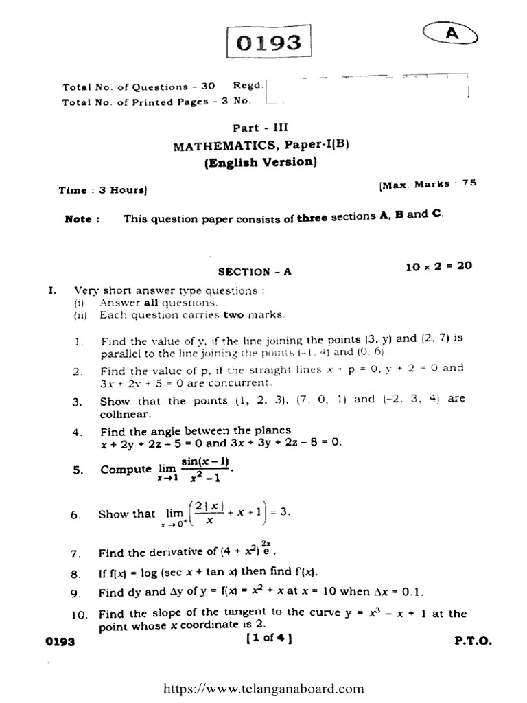 Tsbie Inter 1 Year Mathematics English Version 0193 A Oct 2021 | PDF
