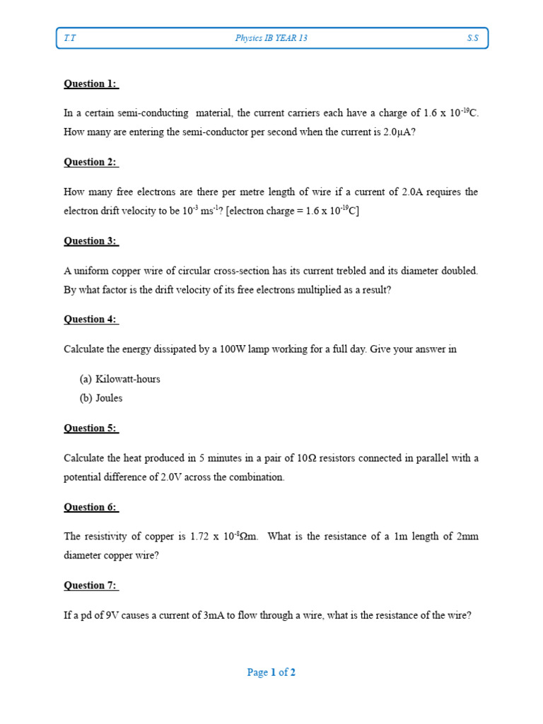 Worksheet 1 - DC Circuits | PDF