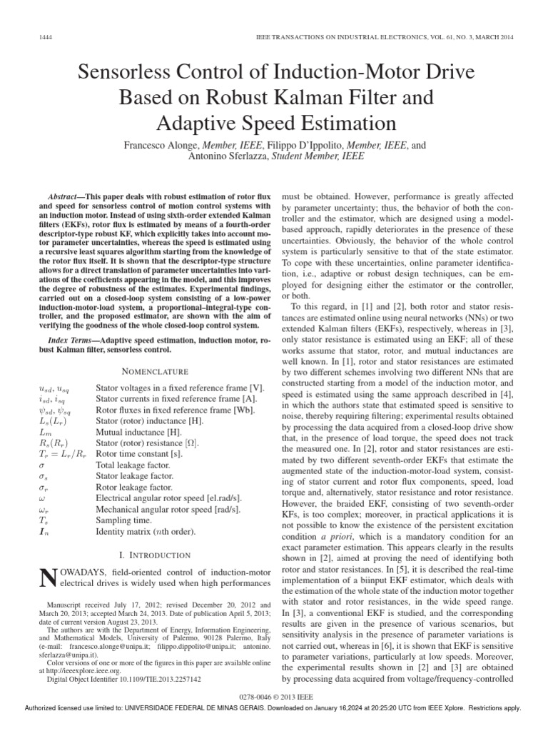 Sensorless Control Of Induction Motor Drive Based On Robust Kalman