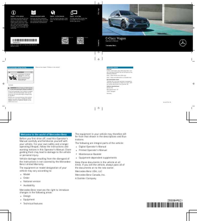 2020 Mercedes Benz C-Class Wagon Owner's Manual | PDF | Technology ...