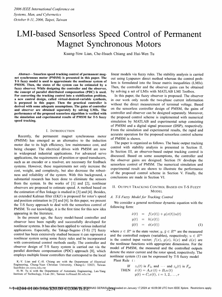 Lmi Based Sensorless Speed Control Of Permanent Magnet Synchronous Motors Pdf 