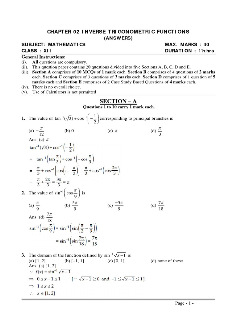 Maths Class Xii Chapter 02 Inverse Trigonometric Functions Practice ...
