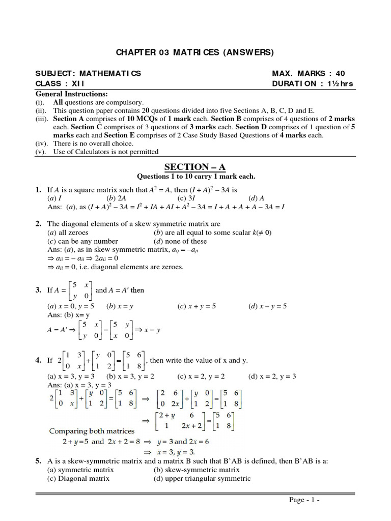 Maths Class Xii Chapter 03 Matrices Practice Paper 03 Answers | PDF