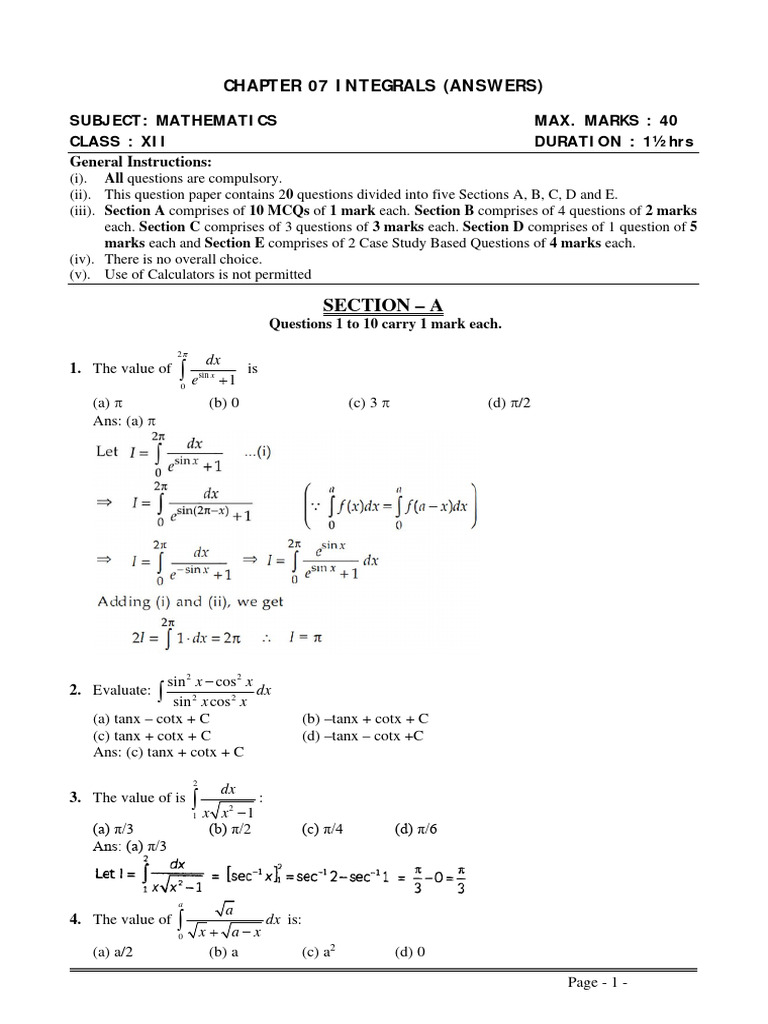 maths-class-xii-chapter-07-integrals-practice-paper-07-answers | PDF ...