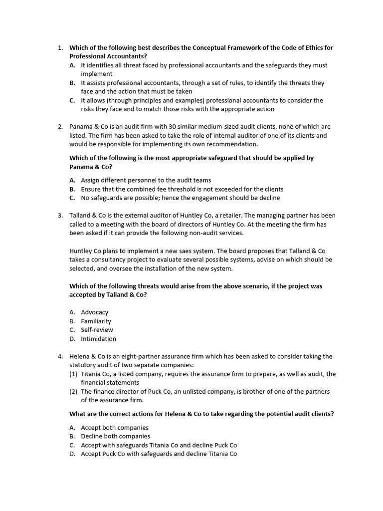 Professional Codes of Ethics Multiple Choices | PDF | Audit | Business