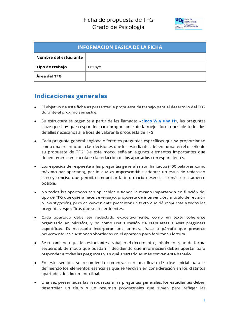Ejemplo.+Ficha Propuesta de TFG PSICOLOGIA | Descargar gratis PDF | Espectro autista | Fibromialgia