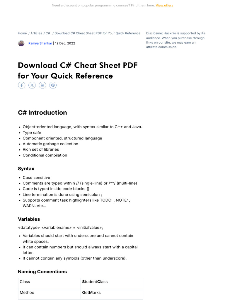 C# Cheat Sheet PDF Download | PDF | Class (Computer Programming) | C ...